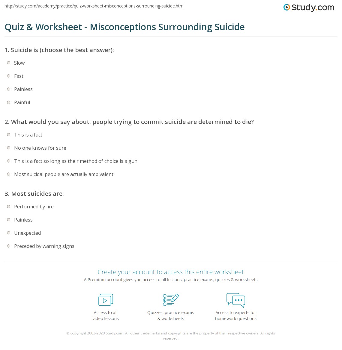 Quiz & Worksheet - Misconceptions Surrounding Suicide | Study.com