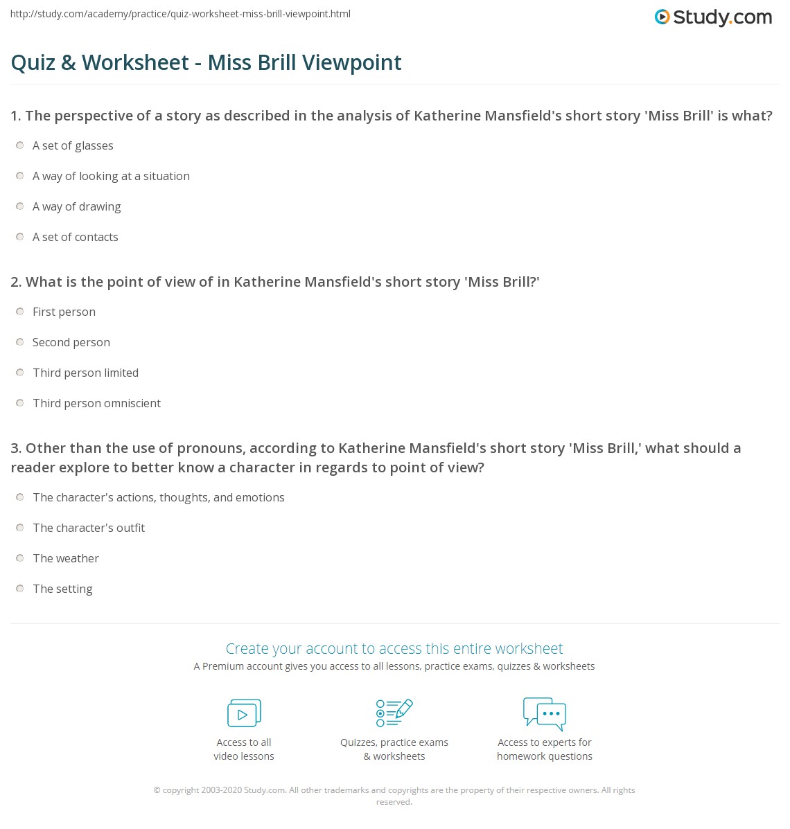 Quiz & Worksheet - Miss Brill Viewpoint | Study.com