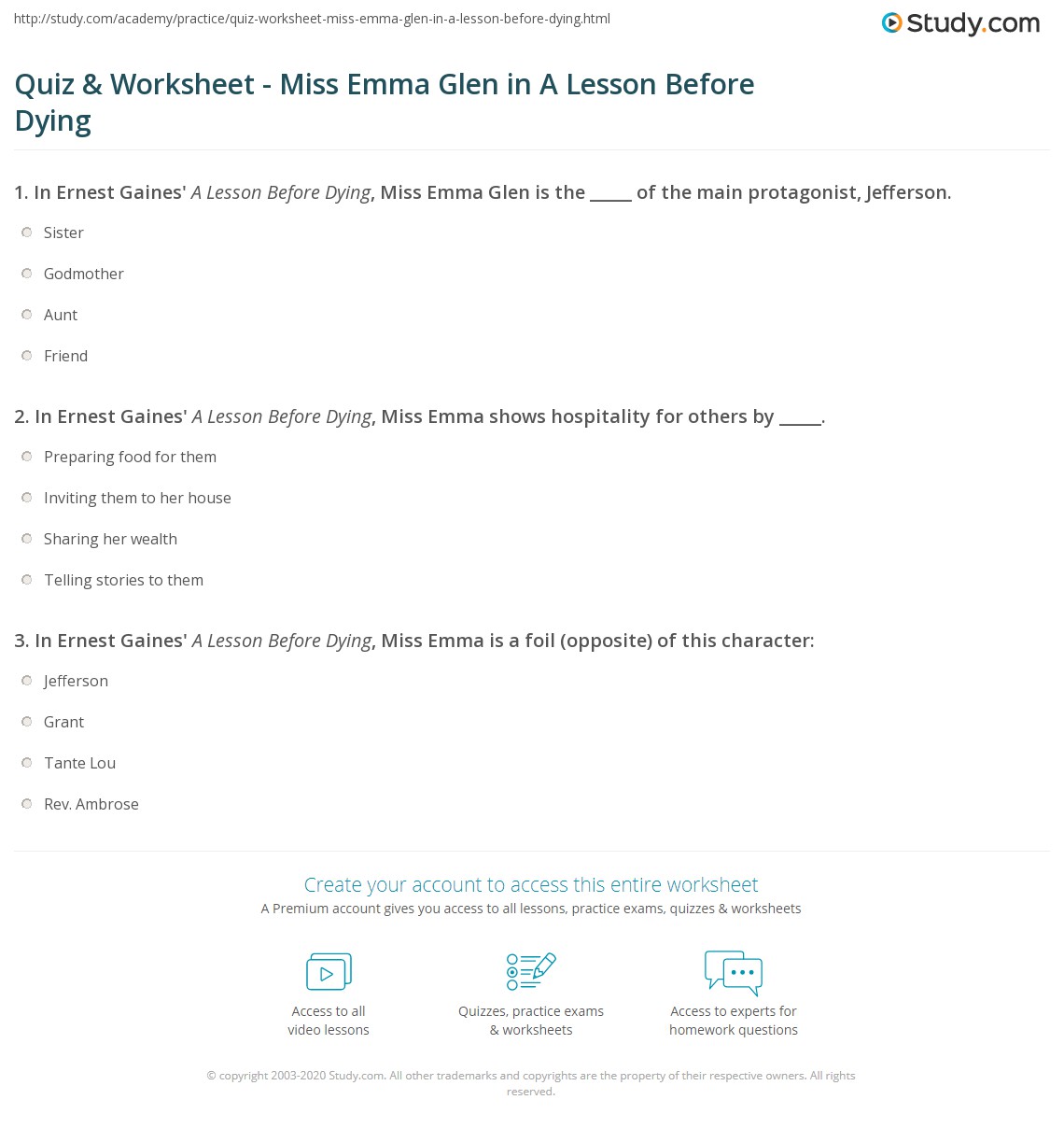 Quiz & Worksheet - Miss Emma Glen in A Lesson Before Dying | Study.com