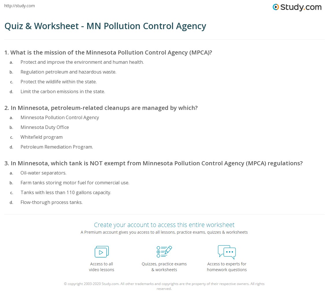Quiz & Worksheet - MN Pollution Control Agency | Study.com