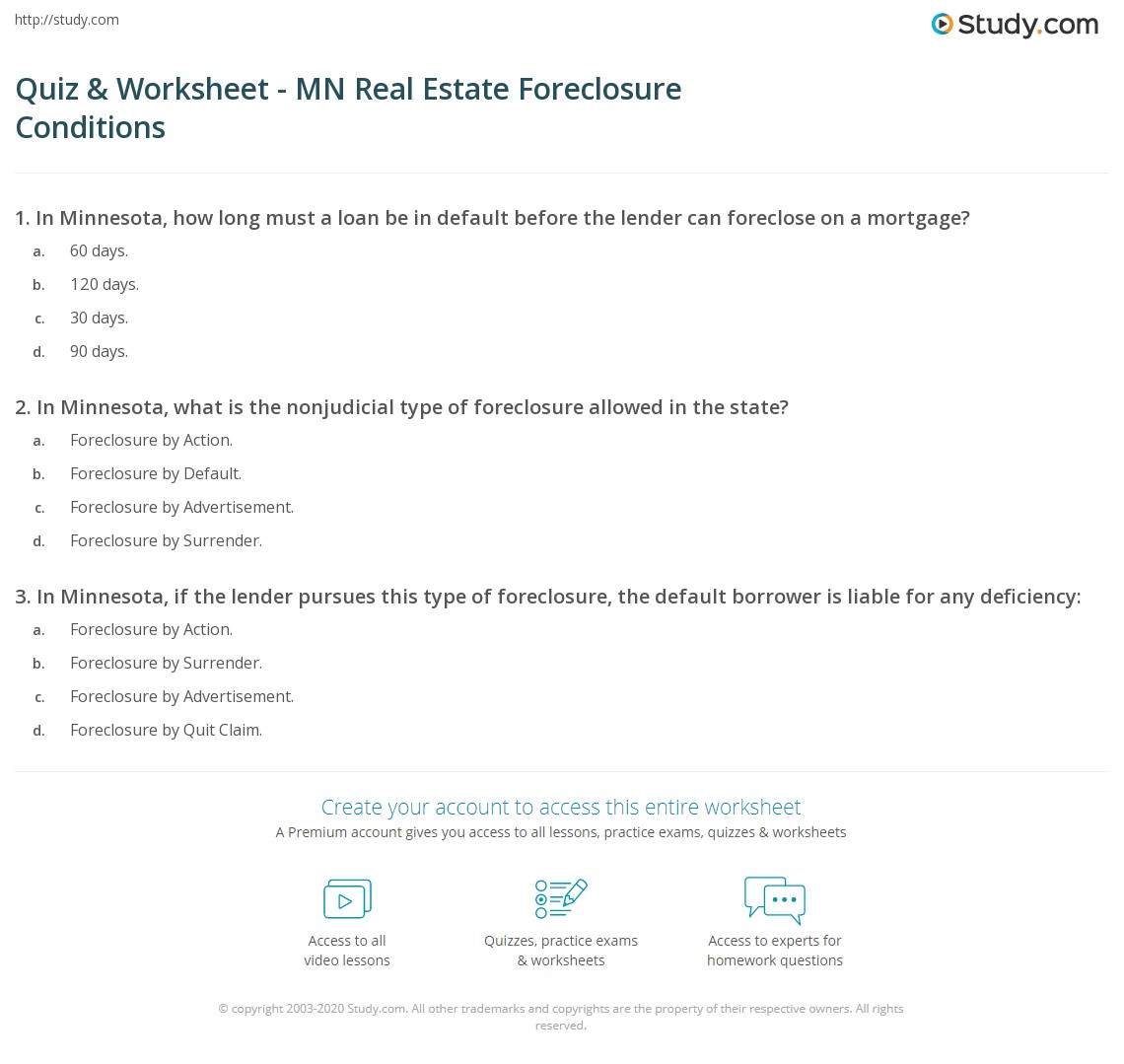 Quiz & Worksheet - MN Real Estate Foreclosure Conditions | Study.com