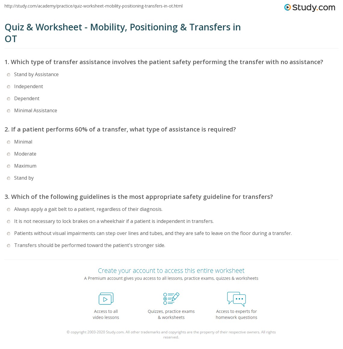 Quiz & Worksheet - Mobility, Positioning & Transfers in OT | Study.com