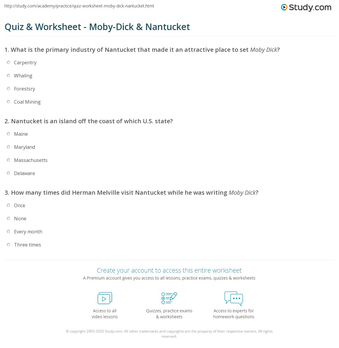 Quiz & Worksheet - Moby-Dick & Nantucket | Study.com
