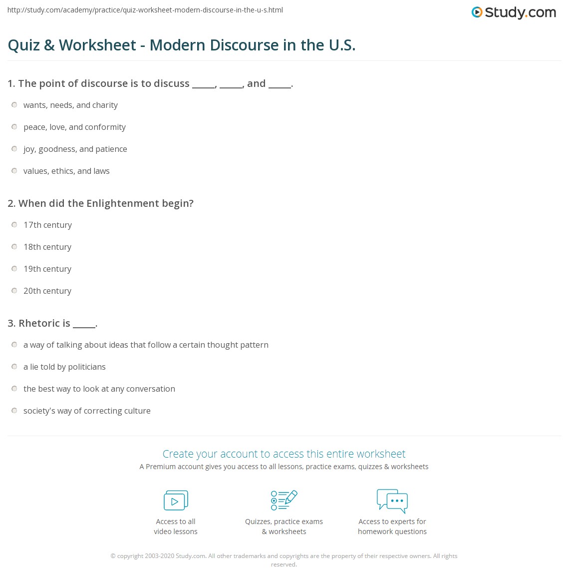Quiz & Worksheet - Modern Discourse in the U.S. | Study.com