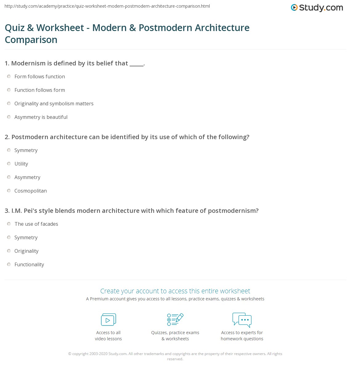 Quiz & Worksheet - Modern & Postmodern Architecture Comparison | Study.com