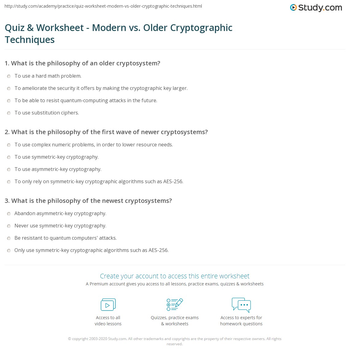Quiz & Worksheet - Modern vs. Older Cryptographic Techniques | Study.com