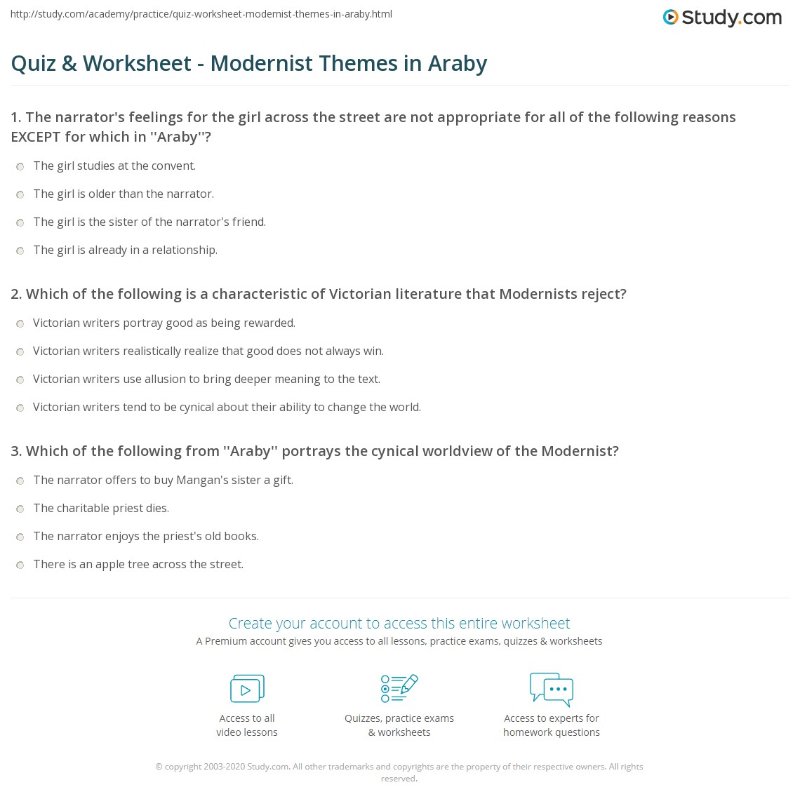Quiz & Worksheet - Modernist Themes in Araby | Study.com