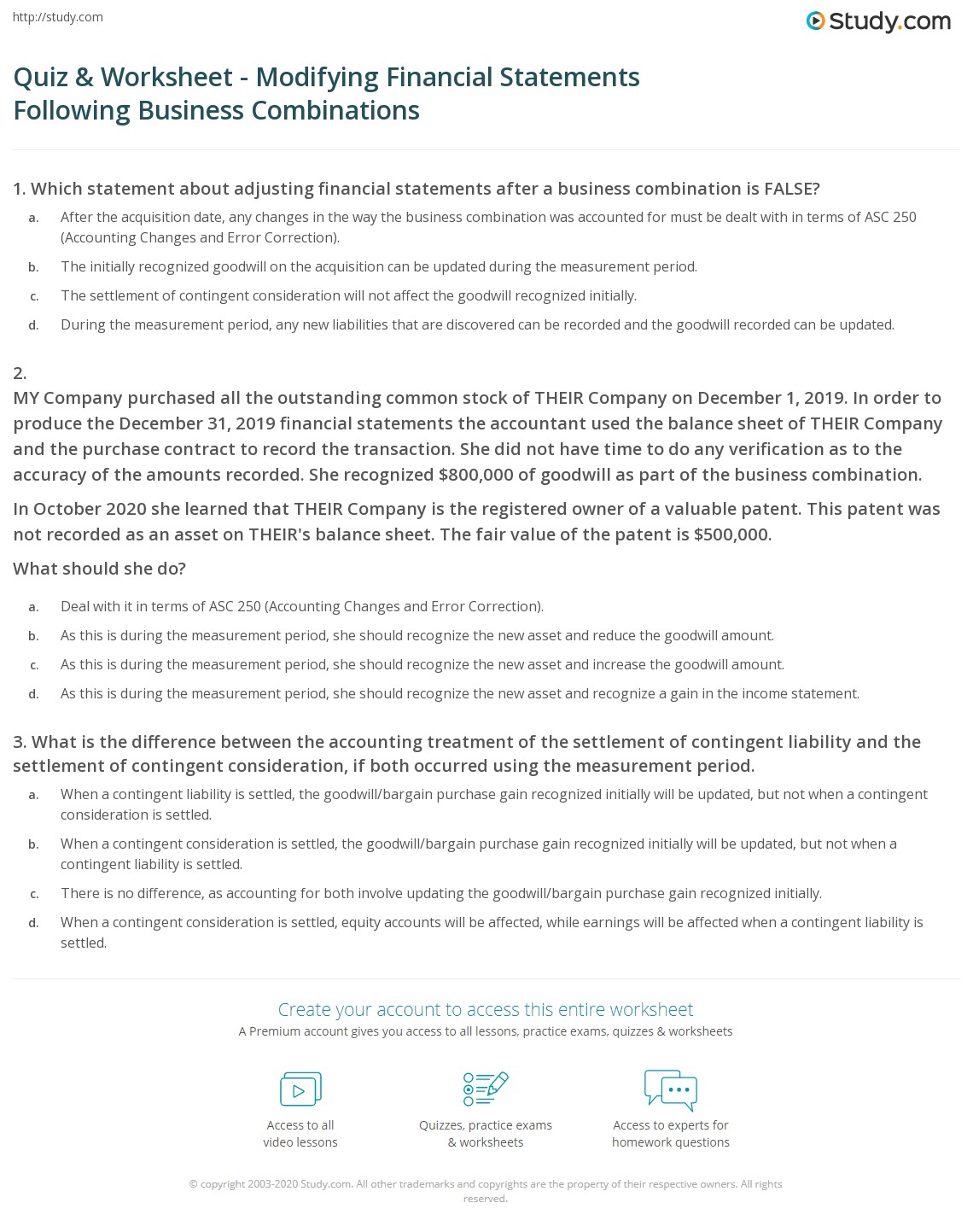 Quiz & Worksheet - Modifying Financial Statements Following Business ...