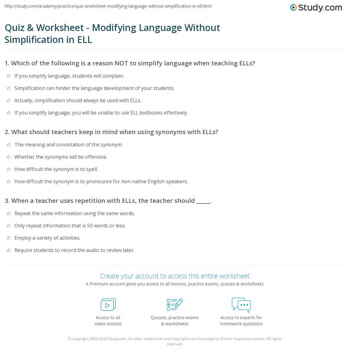 Quiz & Worksheet - Modifying Language Without Simplification in ELL ...