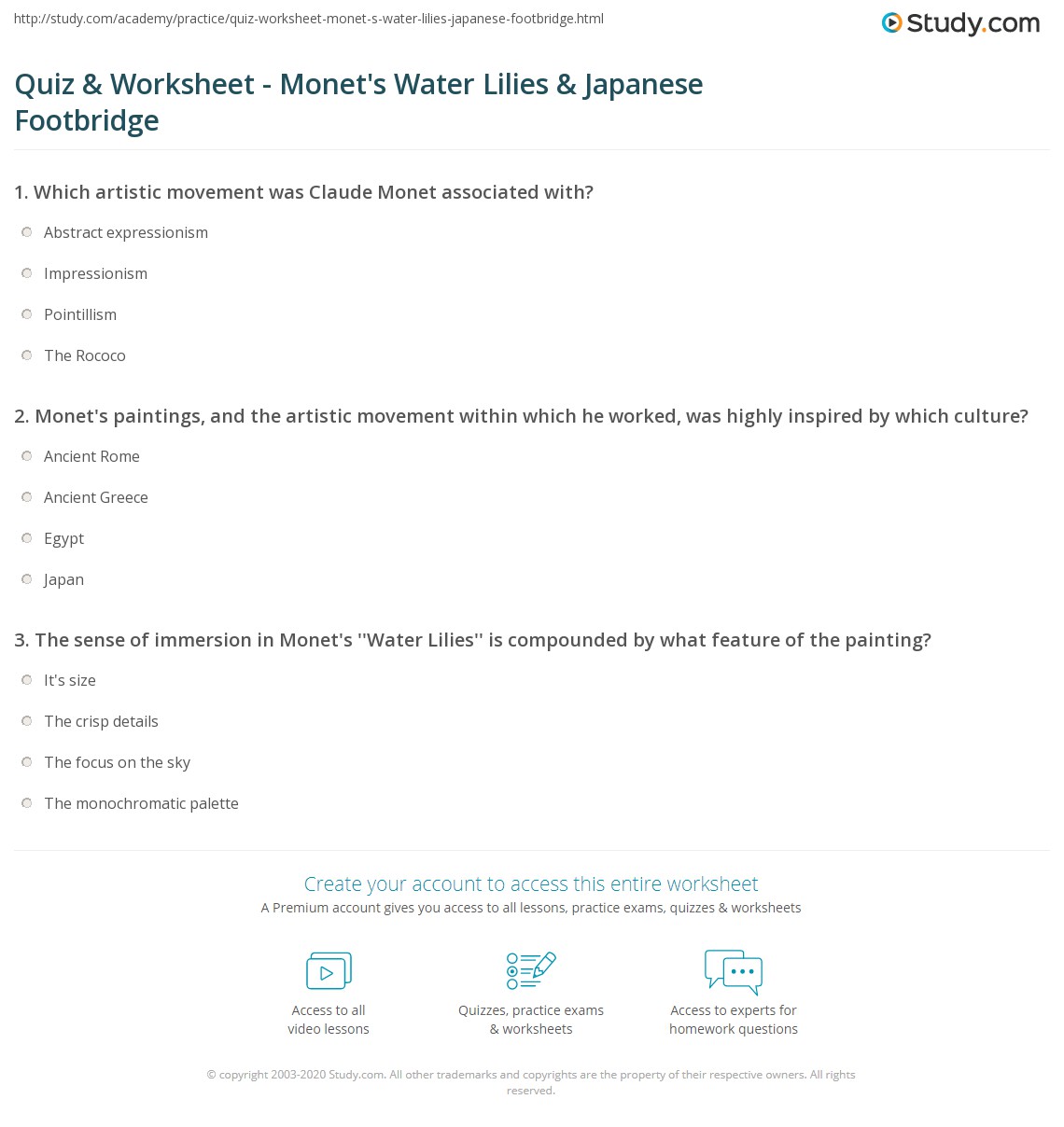 Quiz & Worksheet - Monet's Water Lilies & Japanese Footbridge | Study.com