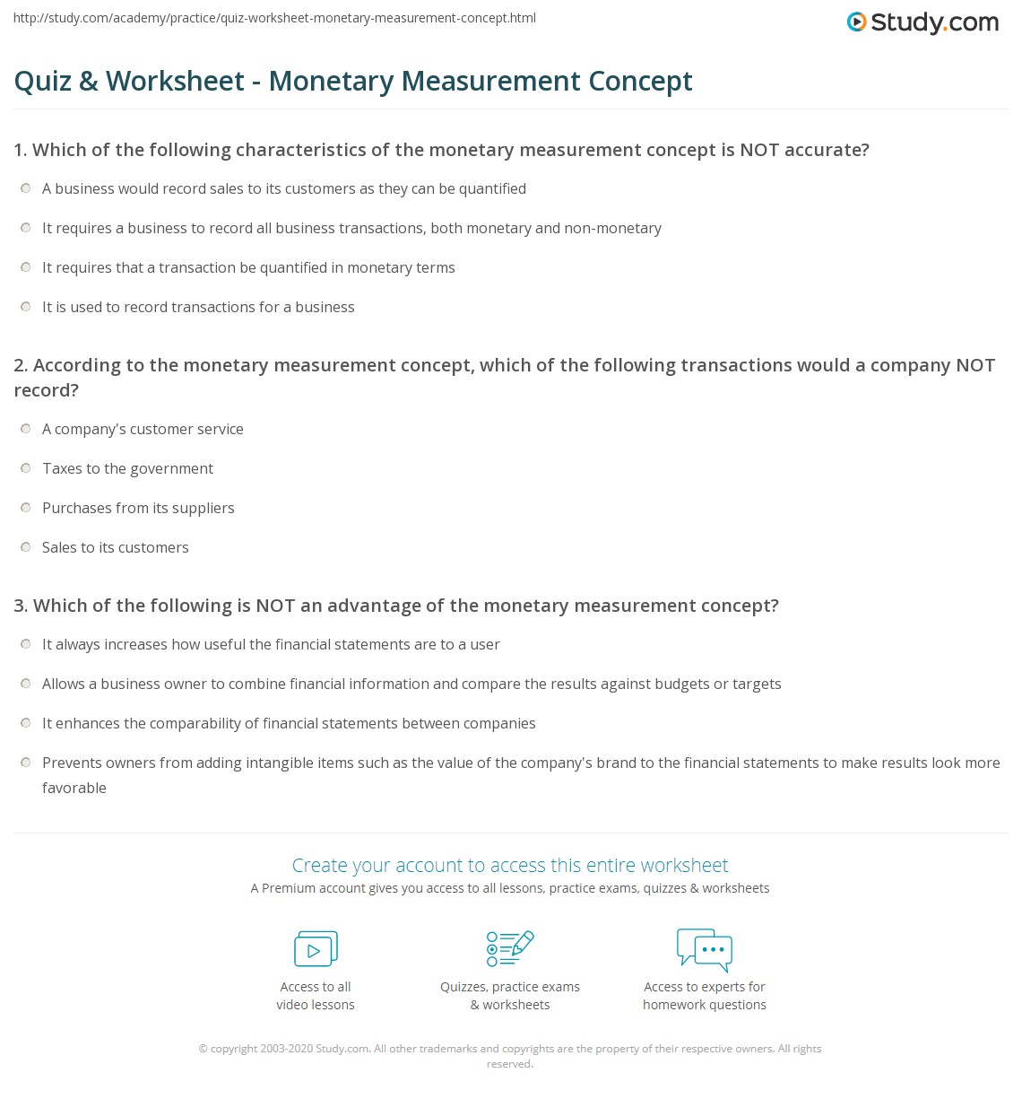 Quiz & Worksheet - Monetary Measurement Concept | Study.com