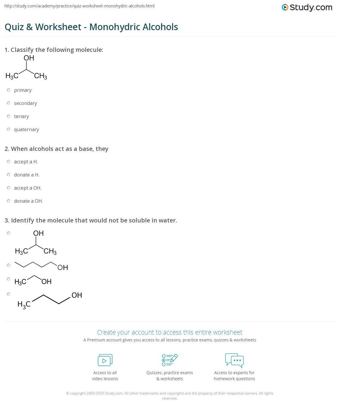 Quiz & Worksheet - Monohydric Alcohols | Study.com
