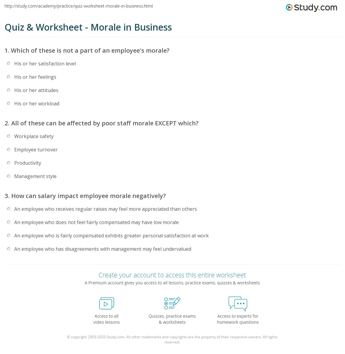 Quiz & Worksheet - Morale in Business | Study.com