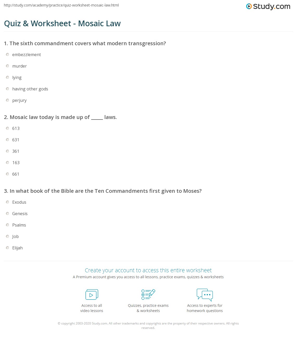 Quiz & Worksheet - Mosaic Law | Study.com