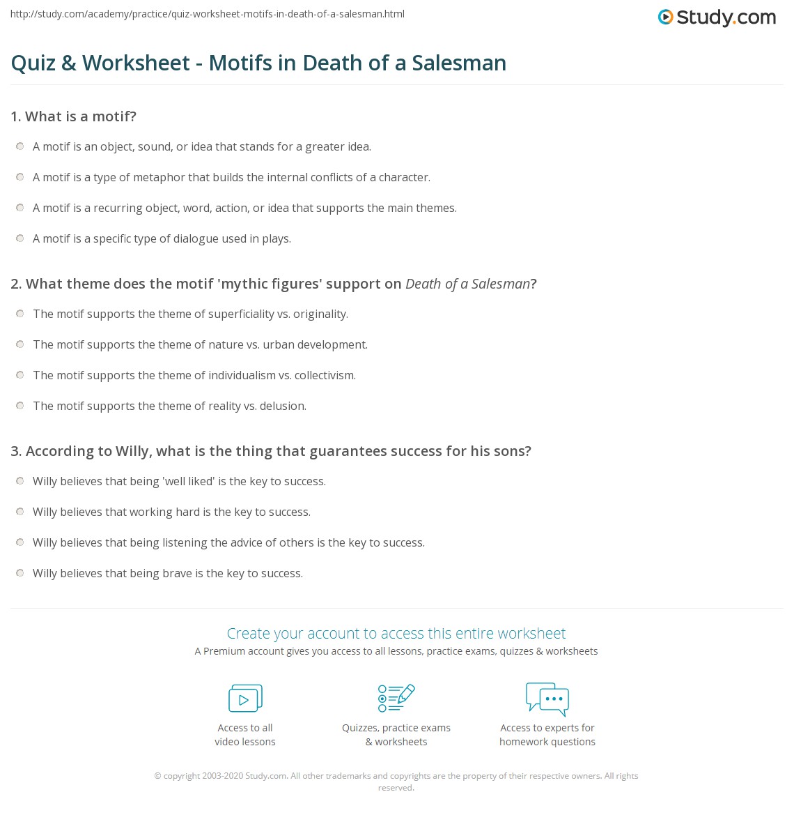 Quiz & Worksheet - Motifs in Death of a Salesman | Study.com