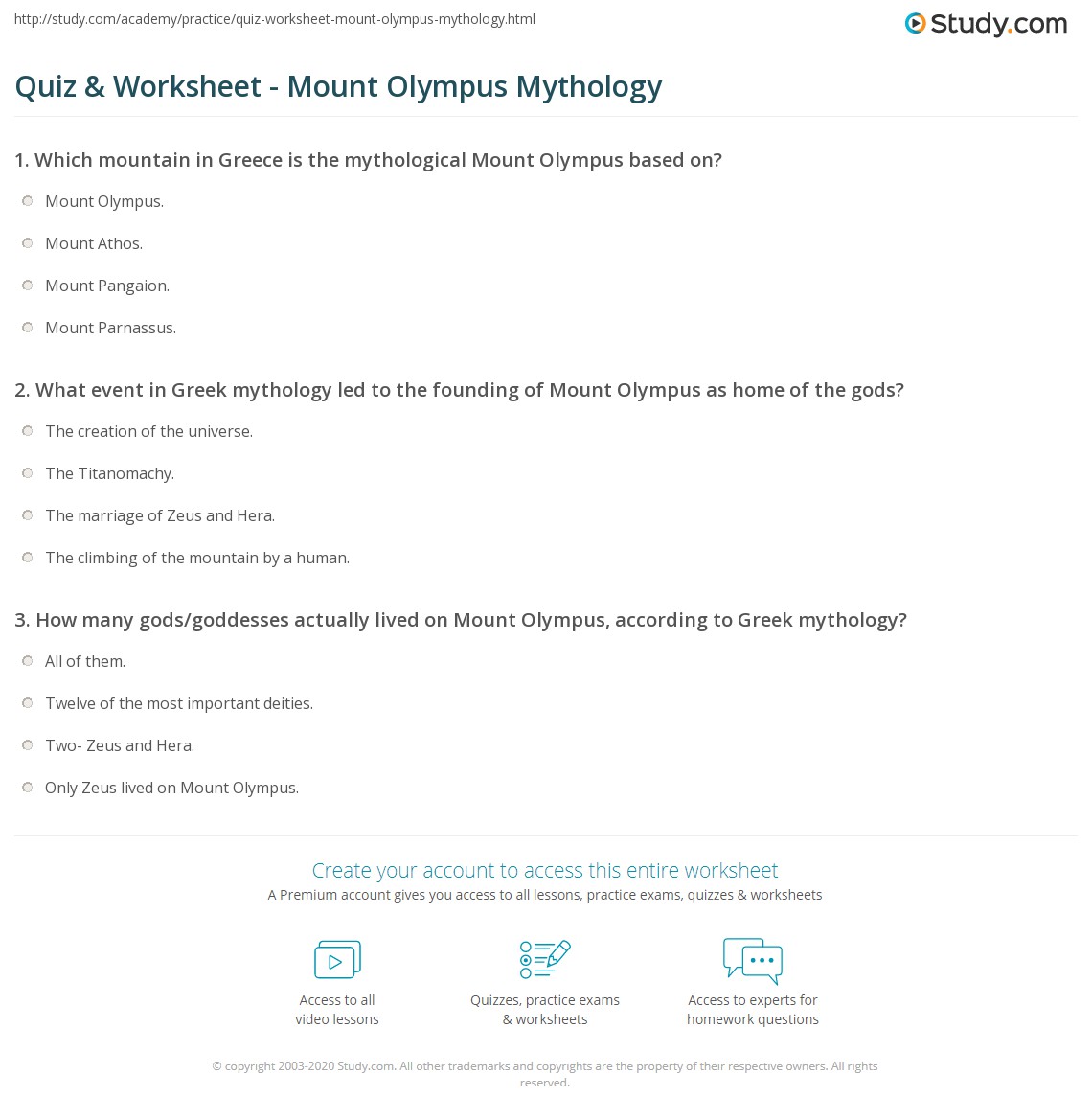 Quiz & Worksheet - Mount Olympus Mythology | Study.com
