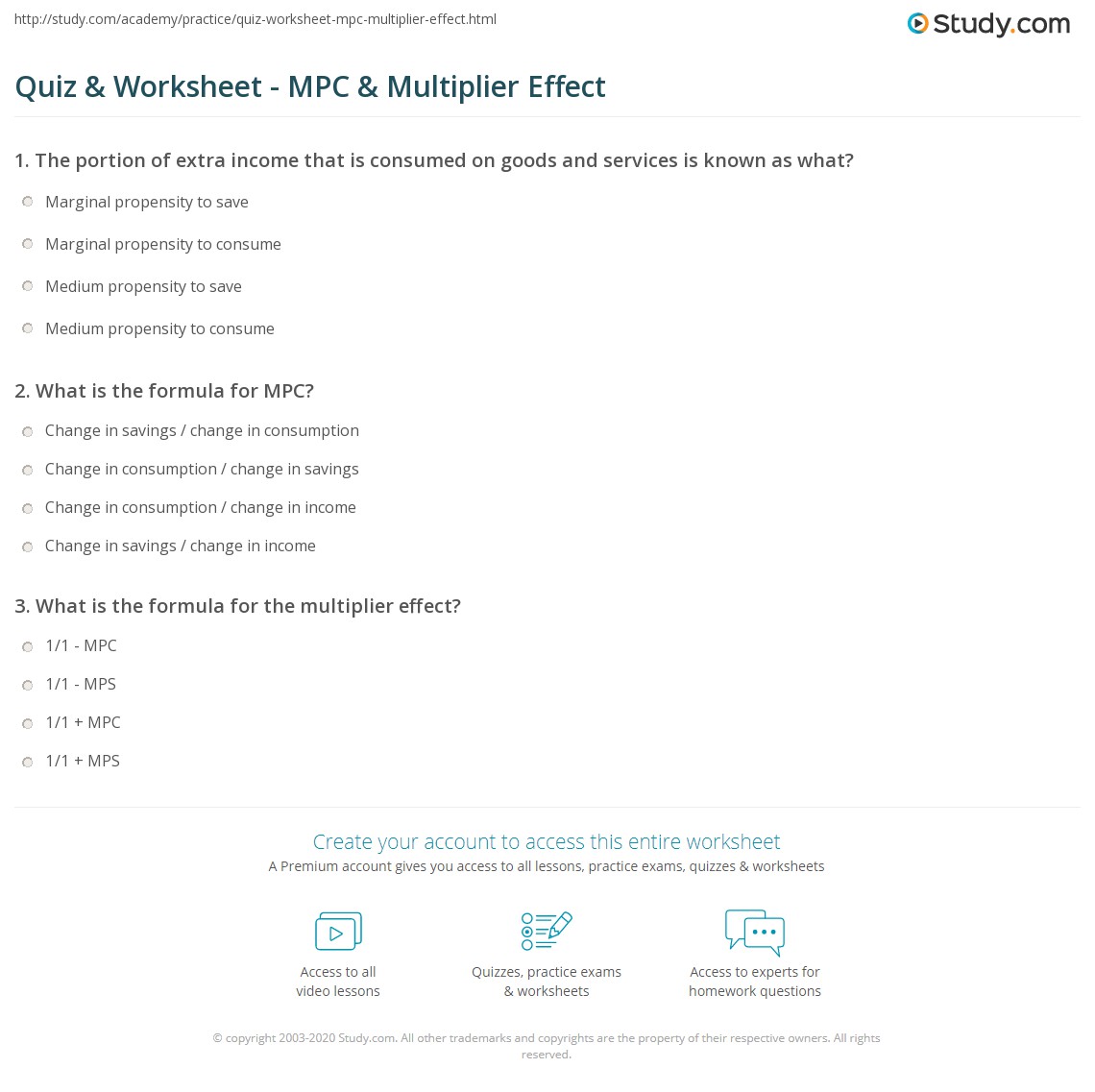 Quiz & Worksheet - MPC & Multiplier Effect | Study.com