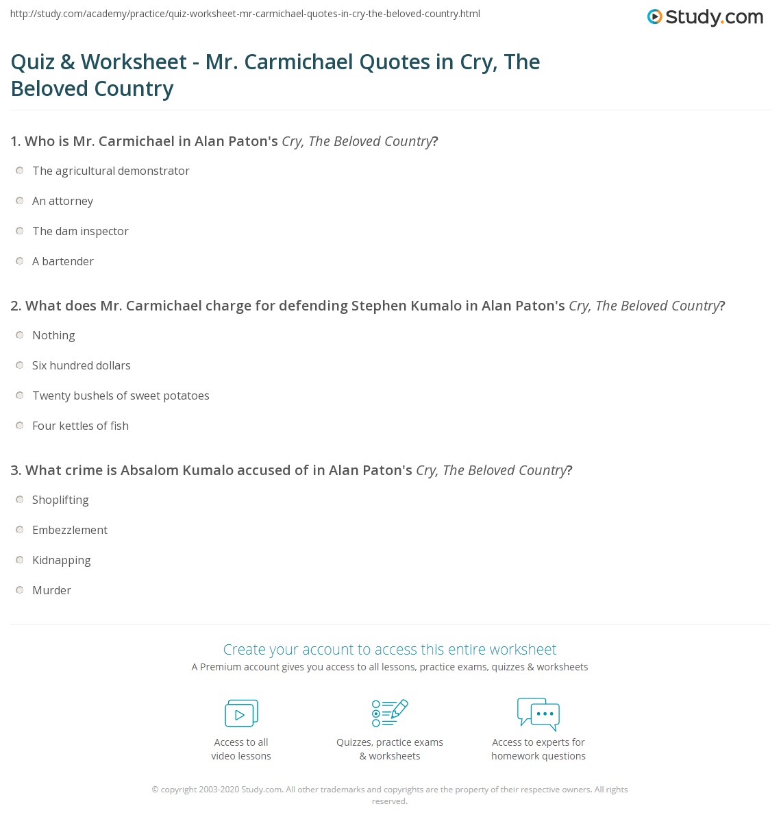 Quiz & Worksheet - Mr. Carmichael Quotes in Cry, The Beloved Country ...