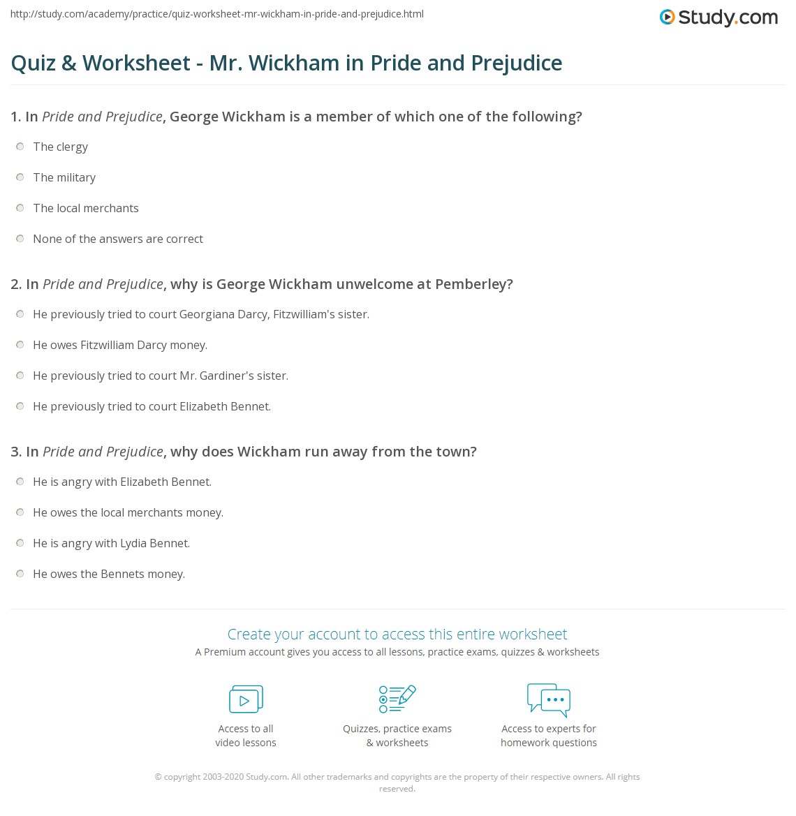 Quiz & Worksheet - Mr. Wickham in Pride and Prejudice | Study.com