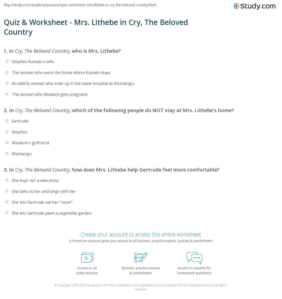 Quiz & Worksheet - Mrs. Lithebe in Cry, The Beloved Country | Study.com