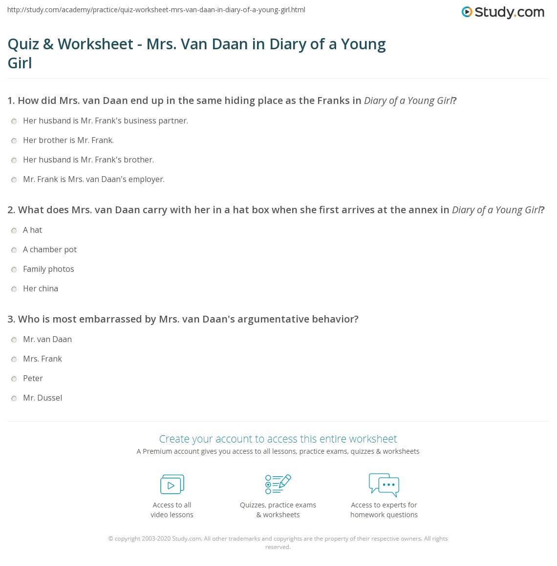 Quiz & Worksheet - Mrs. Van Daan in Diary of a Young Girl | Study.com