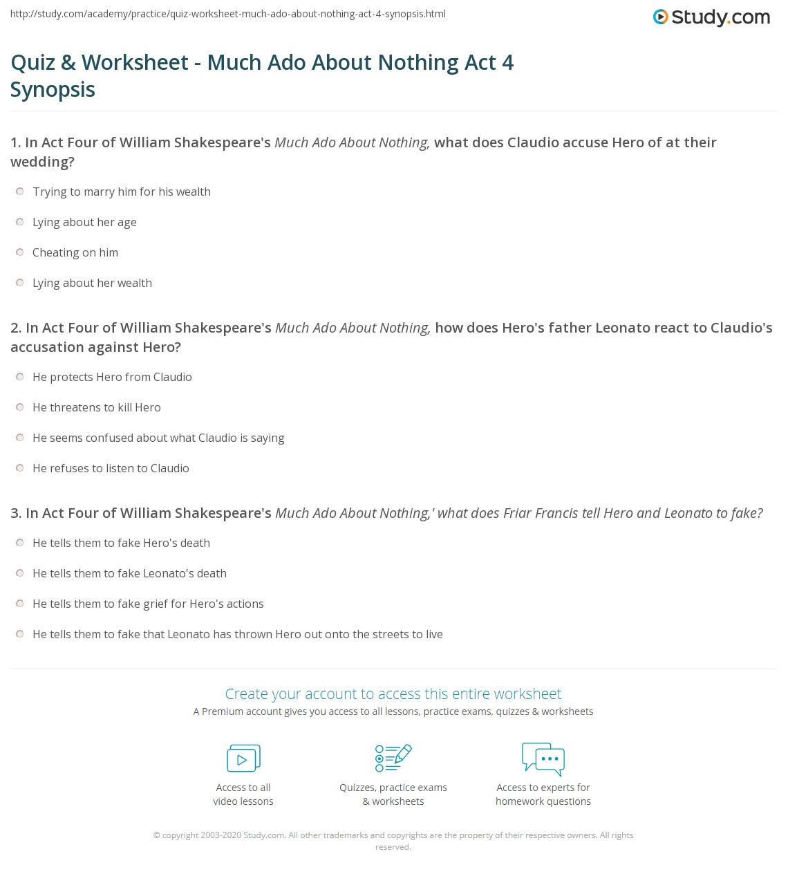 Quiz & Worksheet - Much Ado About Nothing Act 4 Synopsis | Study.com