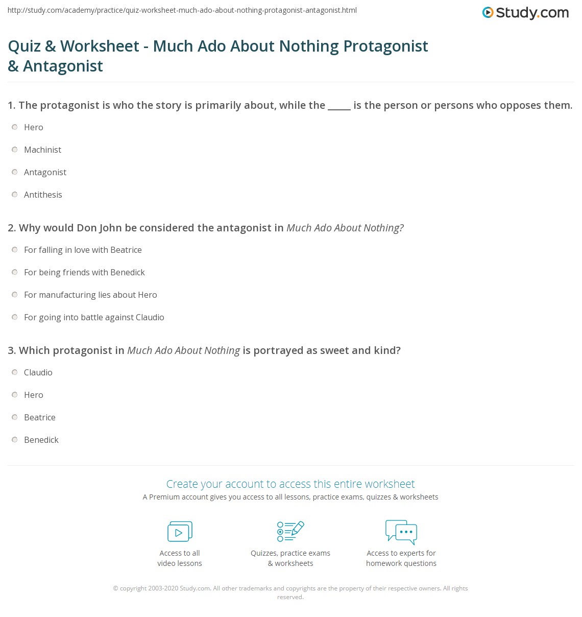 Quiz & Worksheet - Much Ado About Nothing Protagonist & Antagonist ...