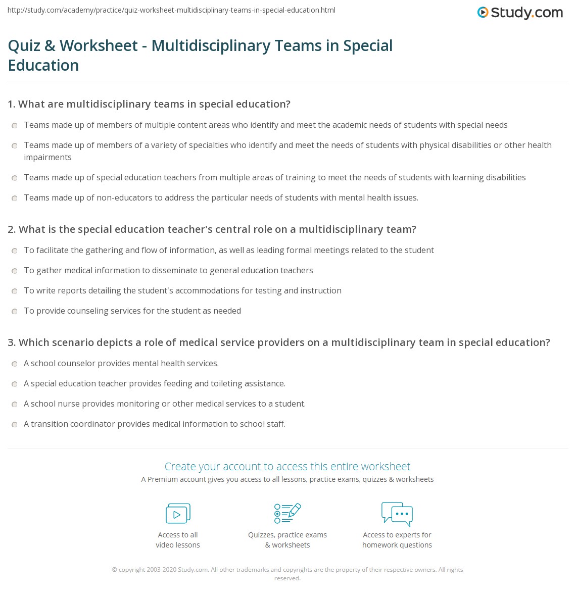 Quiz & Worksheet - Multidisciplinary Teams in Special Education | Study.com