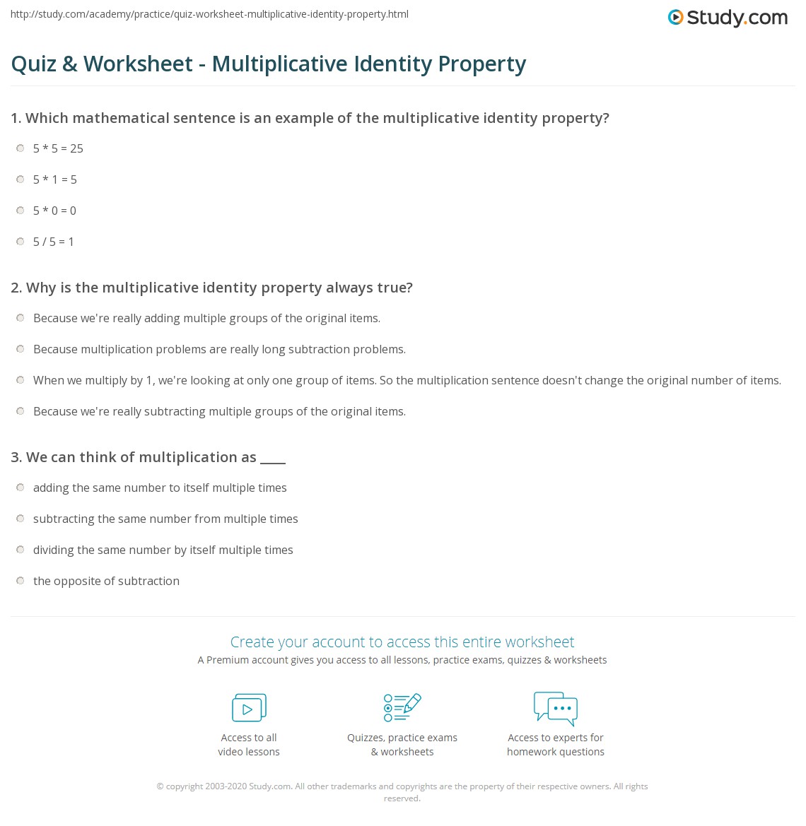 Quiz Worksheet Multiplicative Identity Property Study Quiz Worksheet Multiplicative Identity Property Study