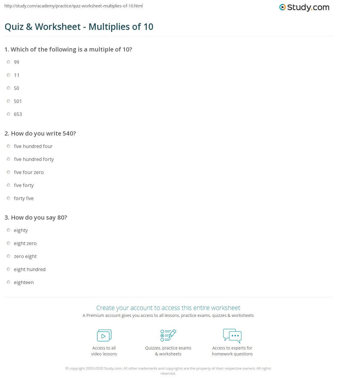 Quiz & Worksheet - Multiplies of 10 | Study.com