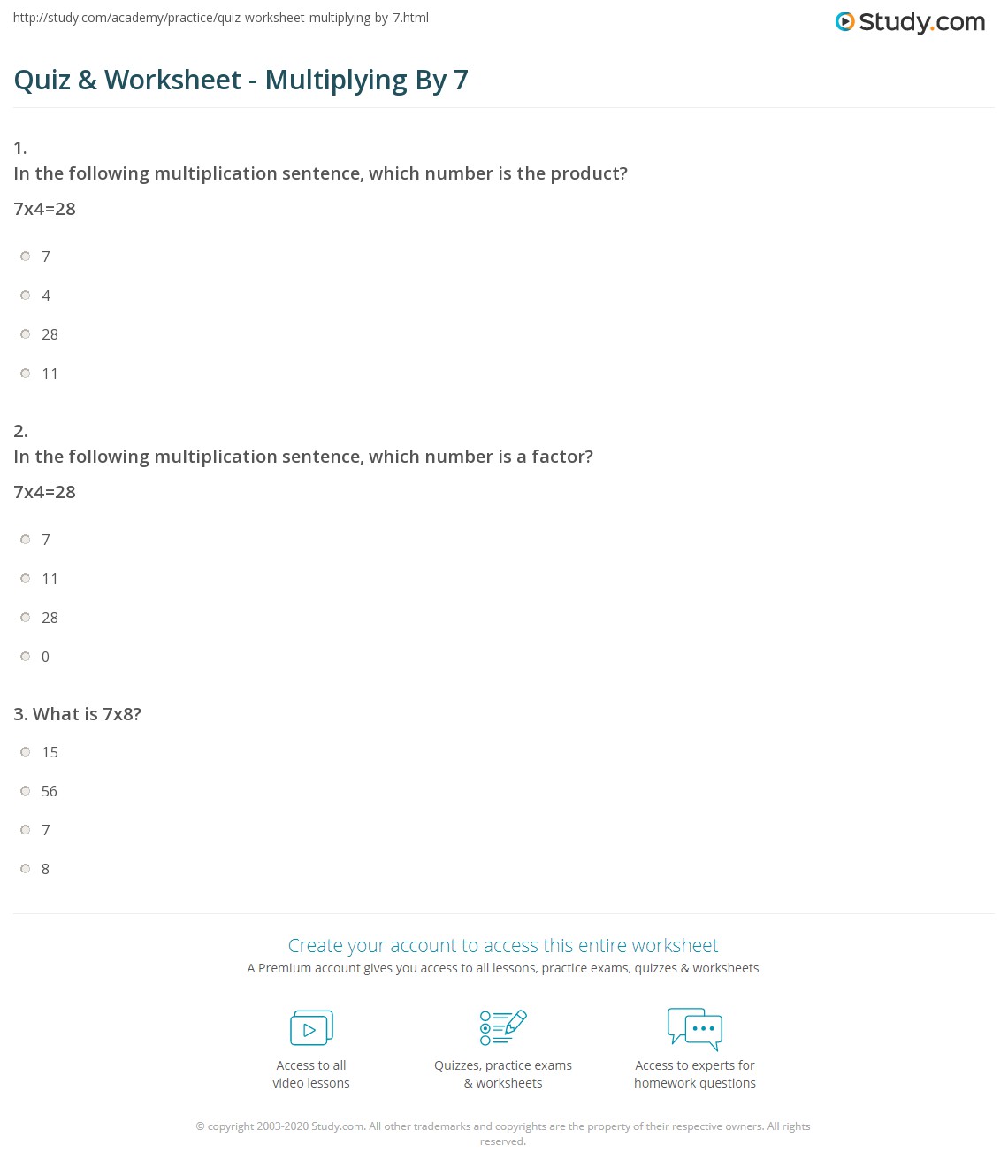 Quiz & Worksheet - Multiplying By 7 | Study.com