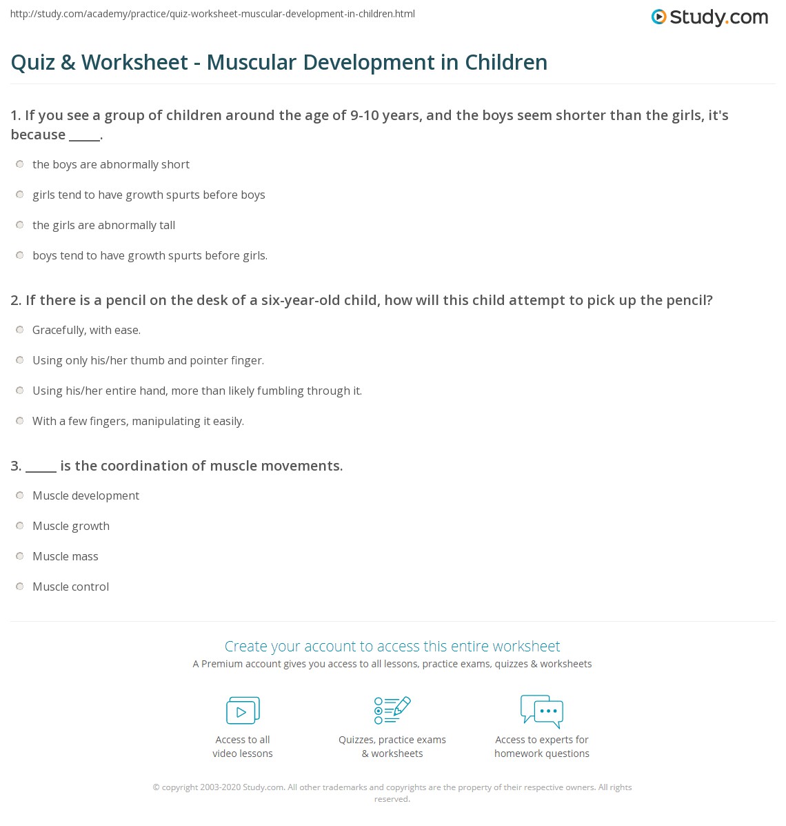Quiz & Worksheet - Muscular Development in Children | Study.com