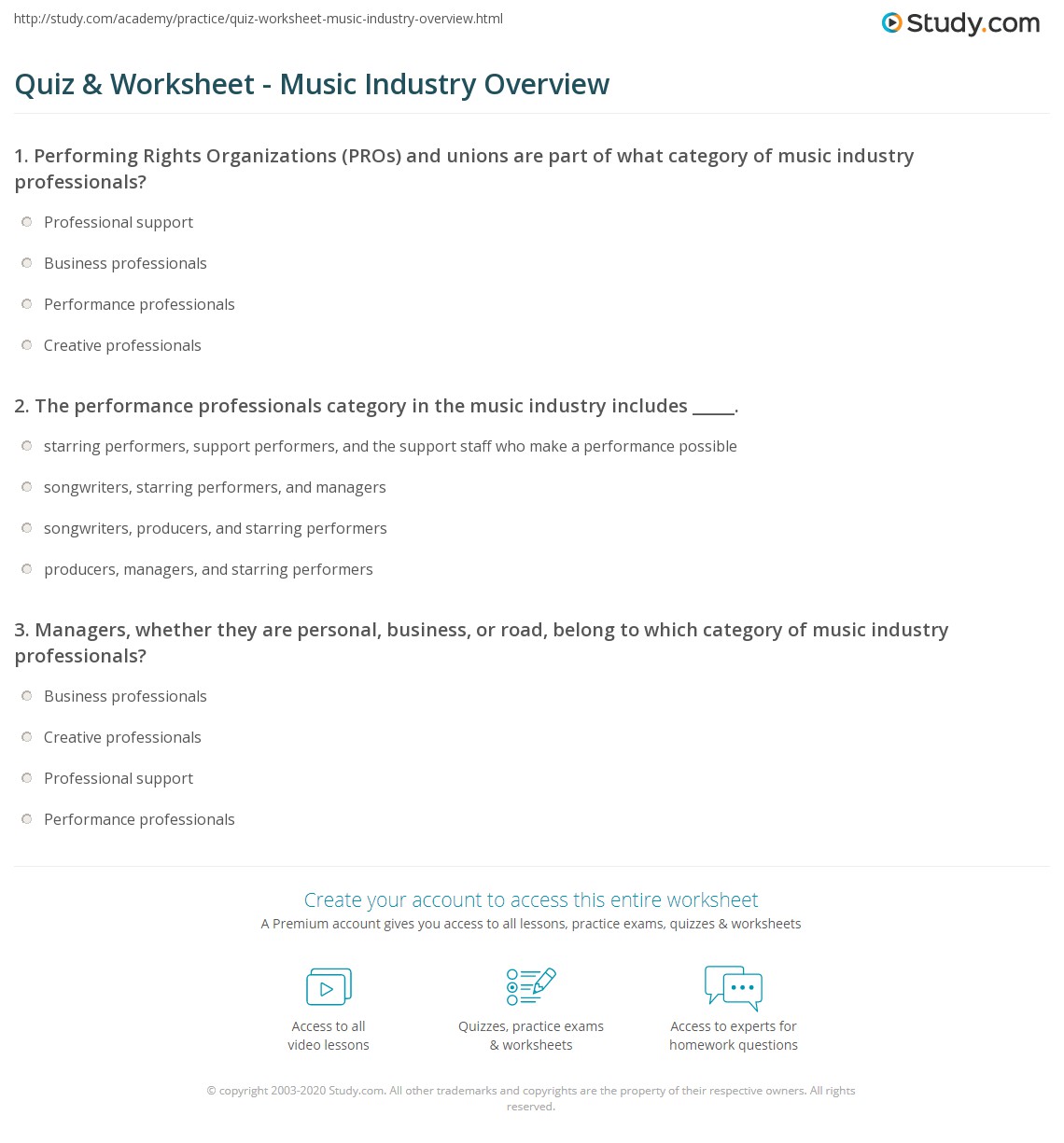 Quiz & Worksheet - Music Industry Overview | Study.com