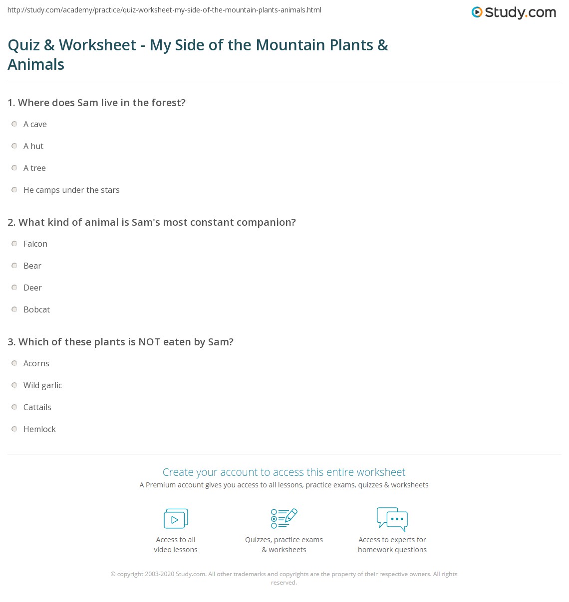 Quiz & Worksheet - My Side of the Mountain Plants & Animals | Study.com