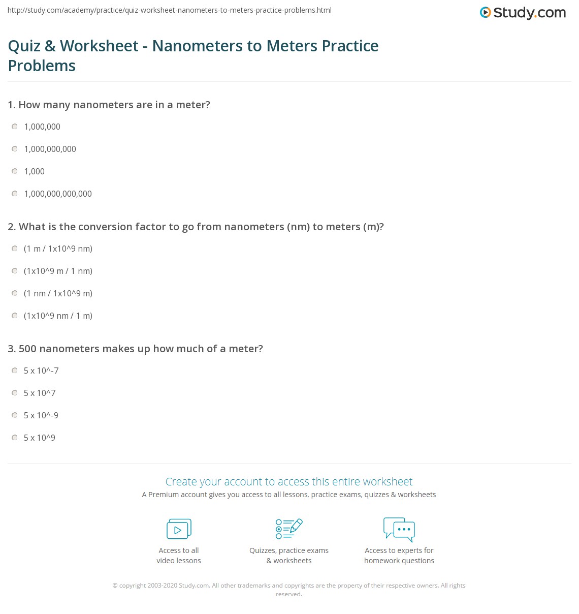 Quiz Worksheet Nanometers To Meters Practice Problems Study Quiz Worksheet Nanometers To Meters Practice Problems Study