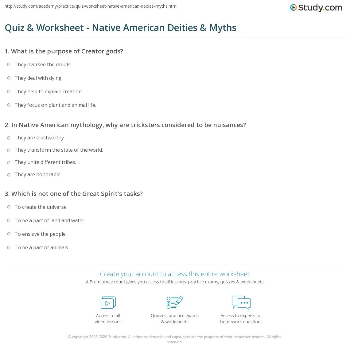 Quiz & Worksheet - Native American Deities & Myths | Study.com