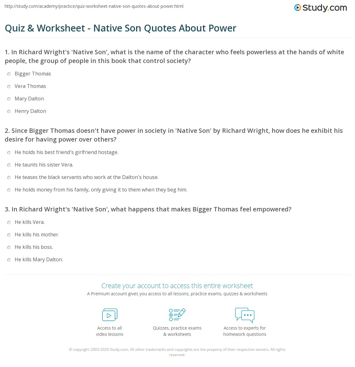 Quiz & Worksheet - Native Son Quotes About Power | Study.com