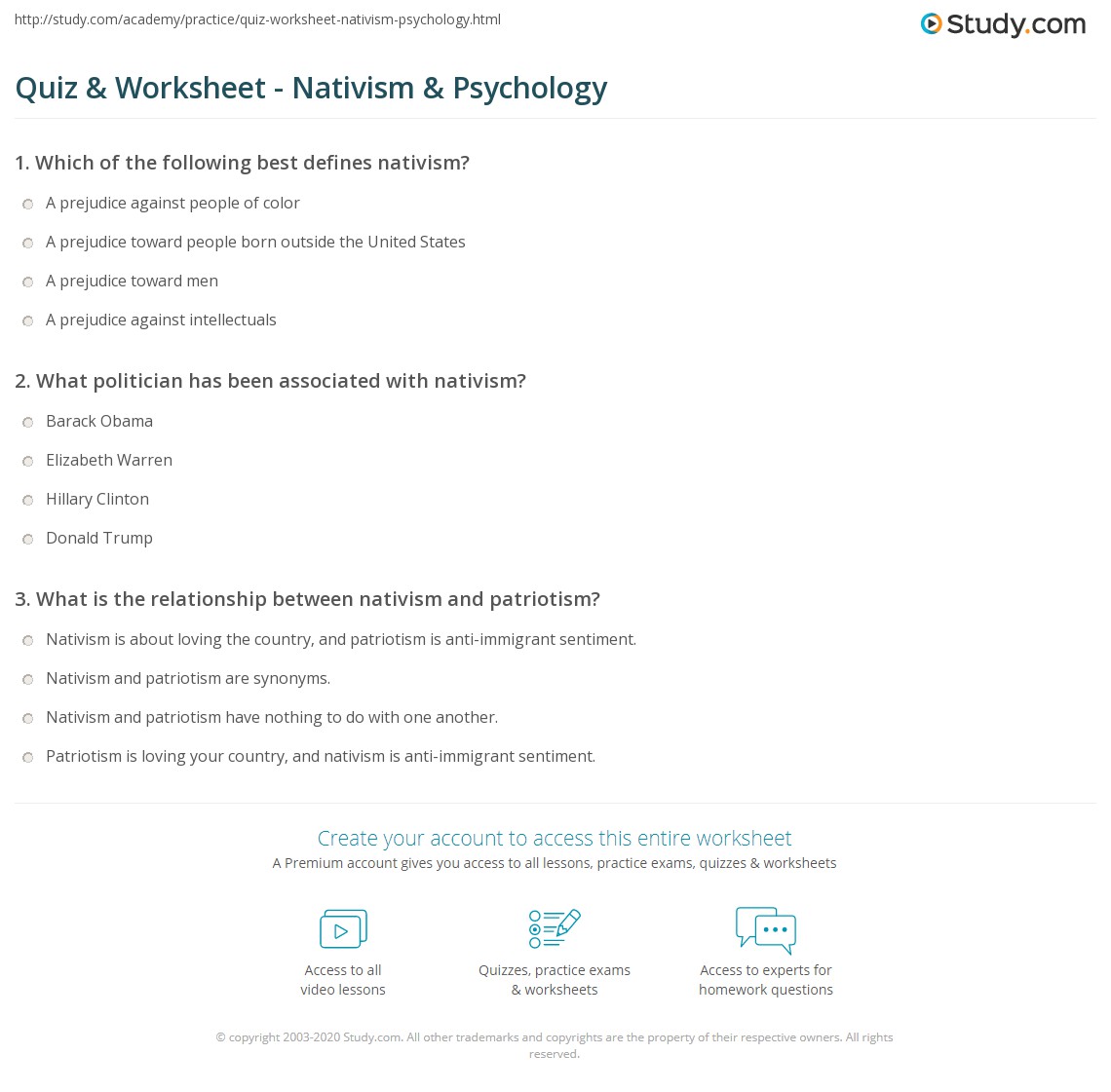 Quiz & Worksheet - Nativism & Psychology | Study.com