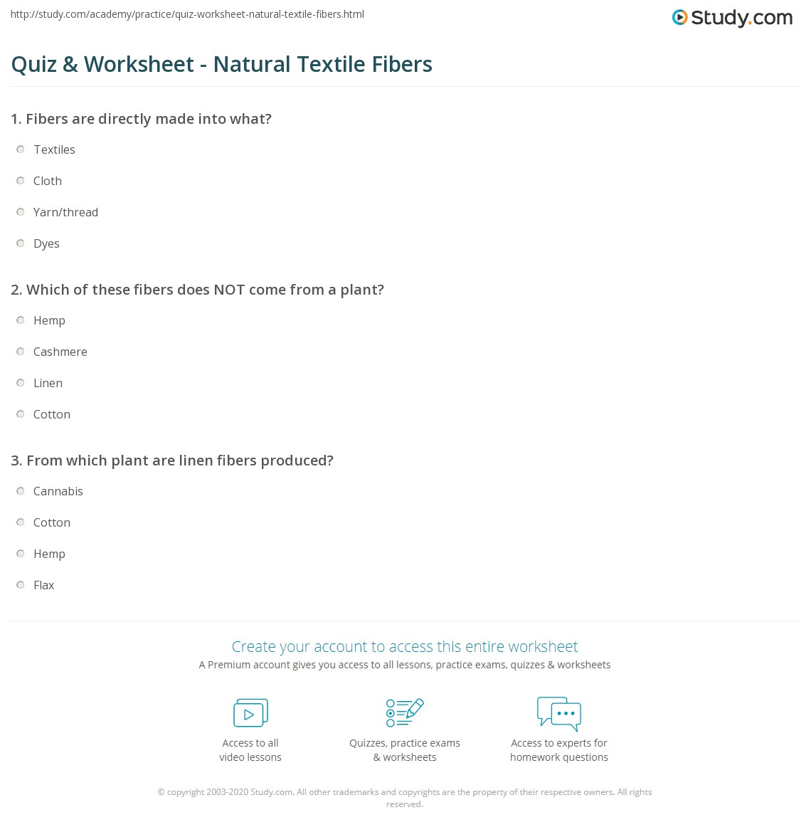 Quiz & Worksheet - Natural Textile Fibers | Study.com