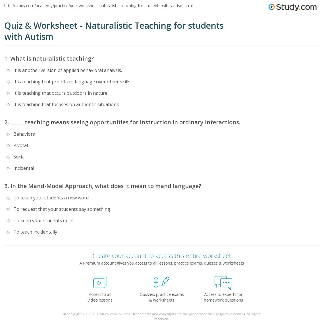 Quiz & Worksheet - Naturalistic Teaching for students with Autism ...