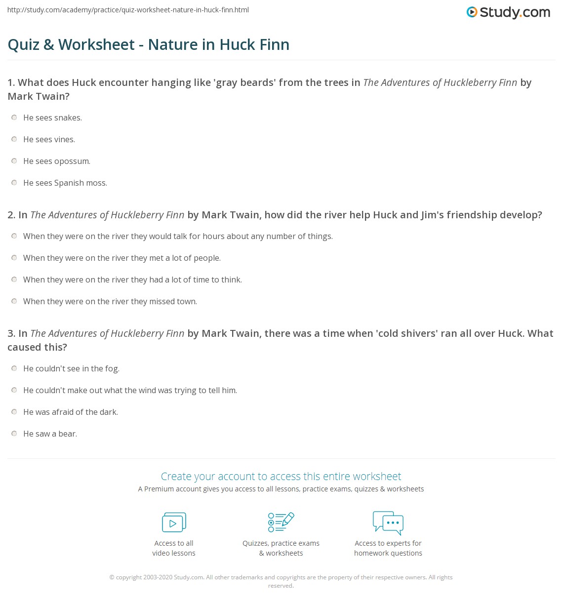 Quiz & Worksheet - Nature in Huck Finn | Study.com