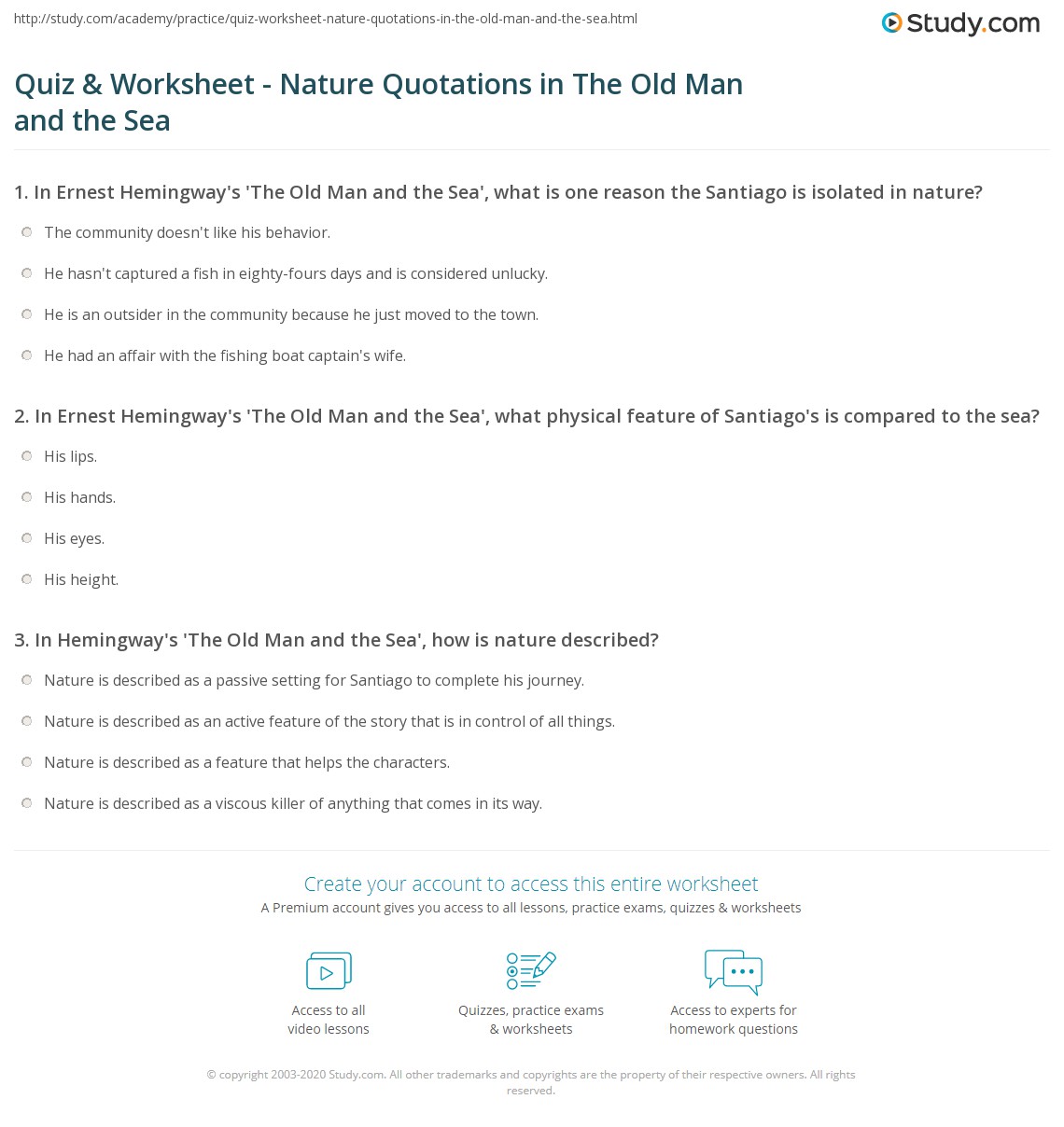 Quiz & Worksheet - Nature Quotations in The Old Man and the Sea | Study.com