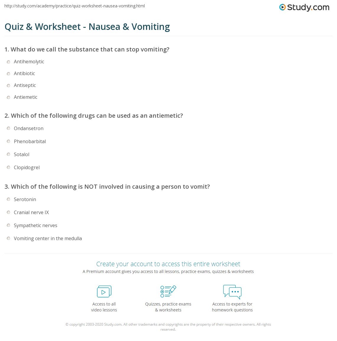 Quiz & Worksheet - Nausea & Vomiting | Study.com