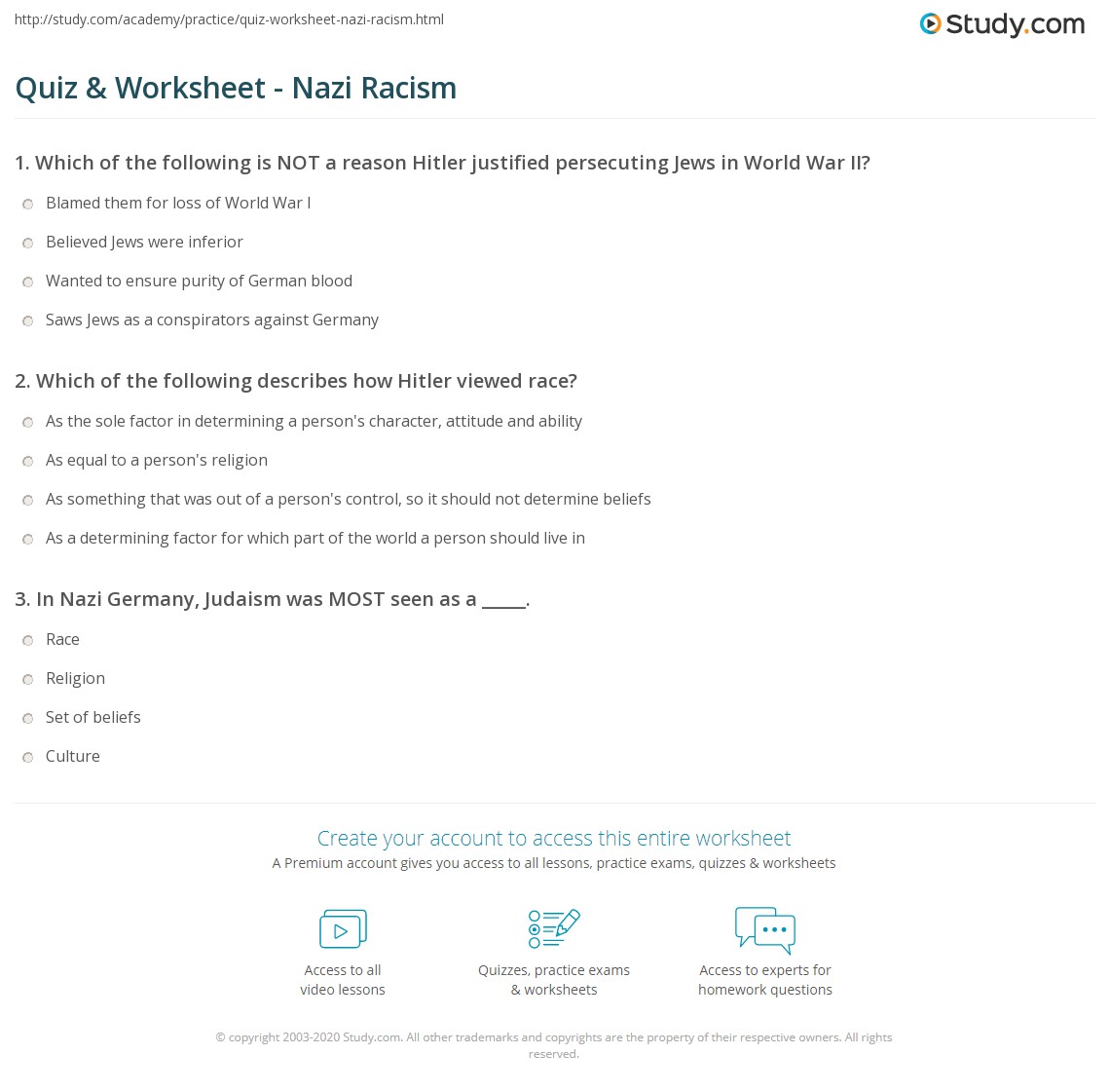 Quiz & Worksheet - Nazi Racism | Study.com