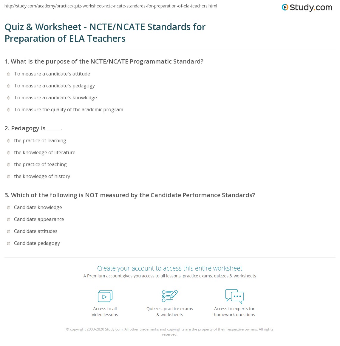 Quiz & Worksheet - NCTE/NCATE Standards for Preparation of ELA Teachers ...