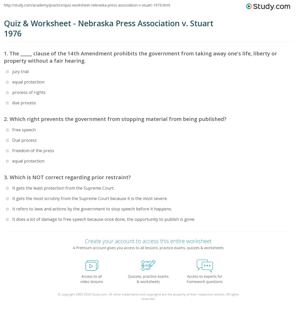 Quiz & Worksheet - Nebraska Press Association v. Stuart 1976 | Study.com