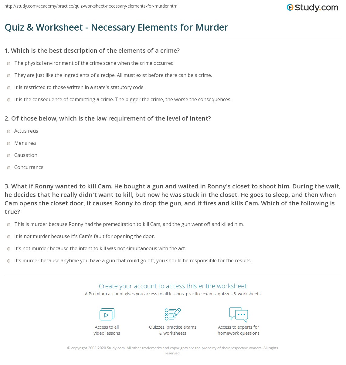 Quiz & Worksheet - Necessary Elements for Murder | Study.com