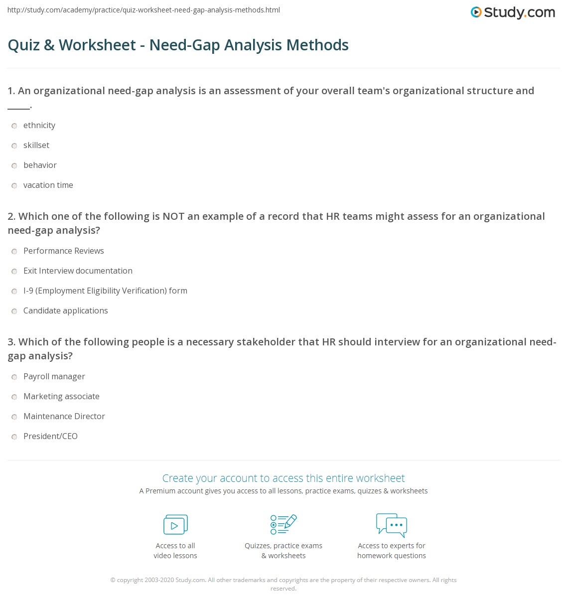 Quiz & Worksheet - Need-Gap Analysis Methods | Study.com