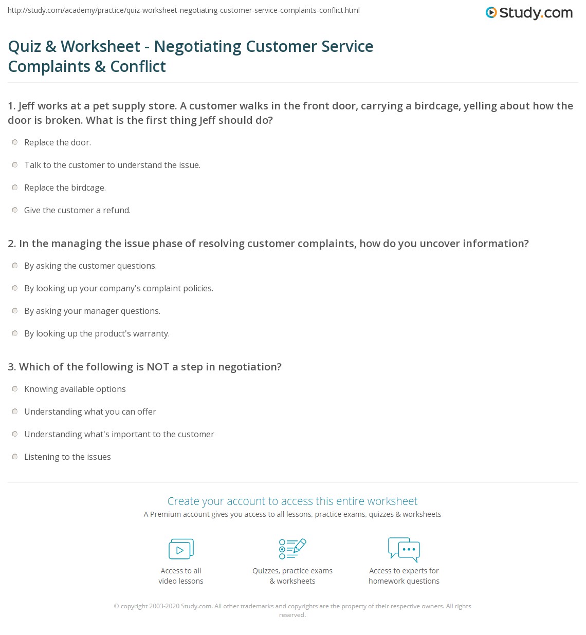 Quiz & Worksheet - Negotiating Customer Service Complaints & Conflict ...