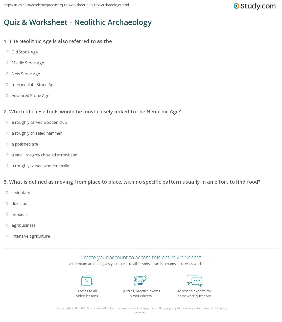 Quiz & Worksheet - Neolithic Archaeology | Study.com